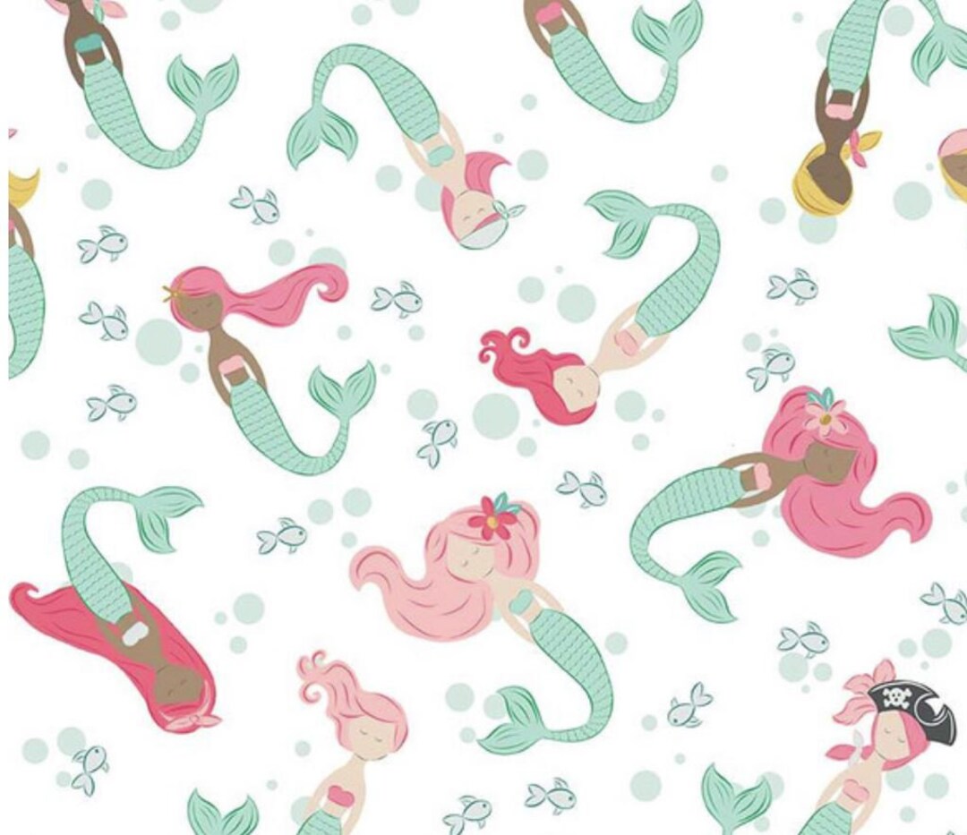 FAT QUARTER Riley Blake Ahoy! Mermaids by Melissa Mortenson Main White ...