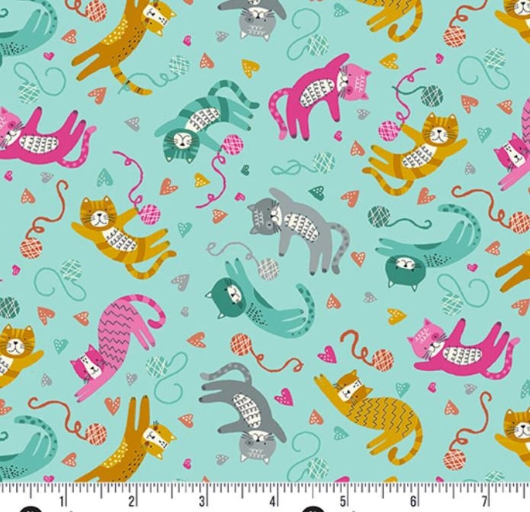 Makower/andover WHISKERS Tossed Cats Aqua - Etsy
