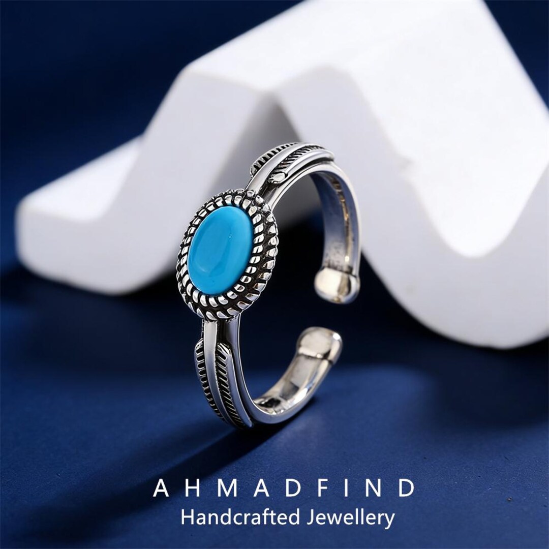 Feather & Turquoise Ring, Oval Natural Stone Inlay, Adjustable Boho ...