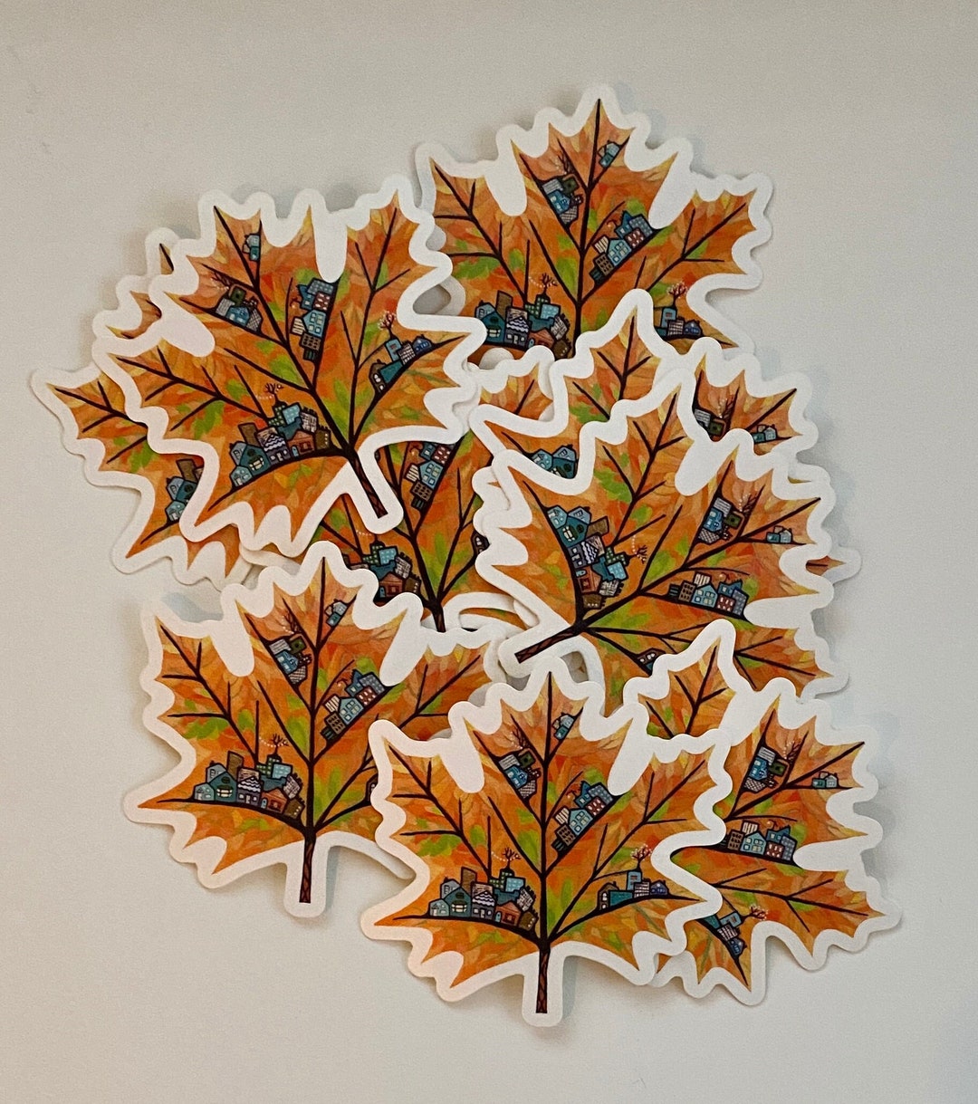 Maple Leaf City Glossy Sticker | Fall Leaves Art - Etsy