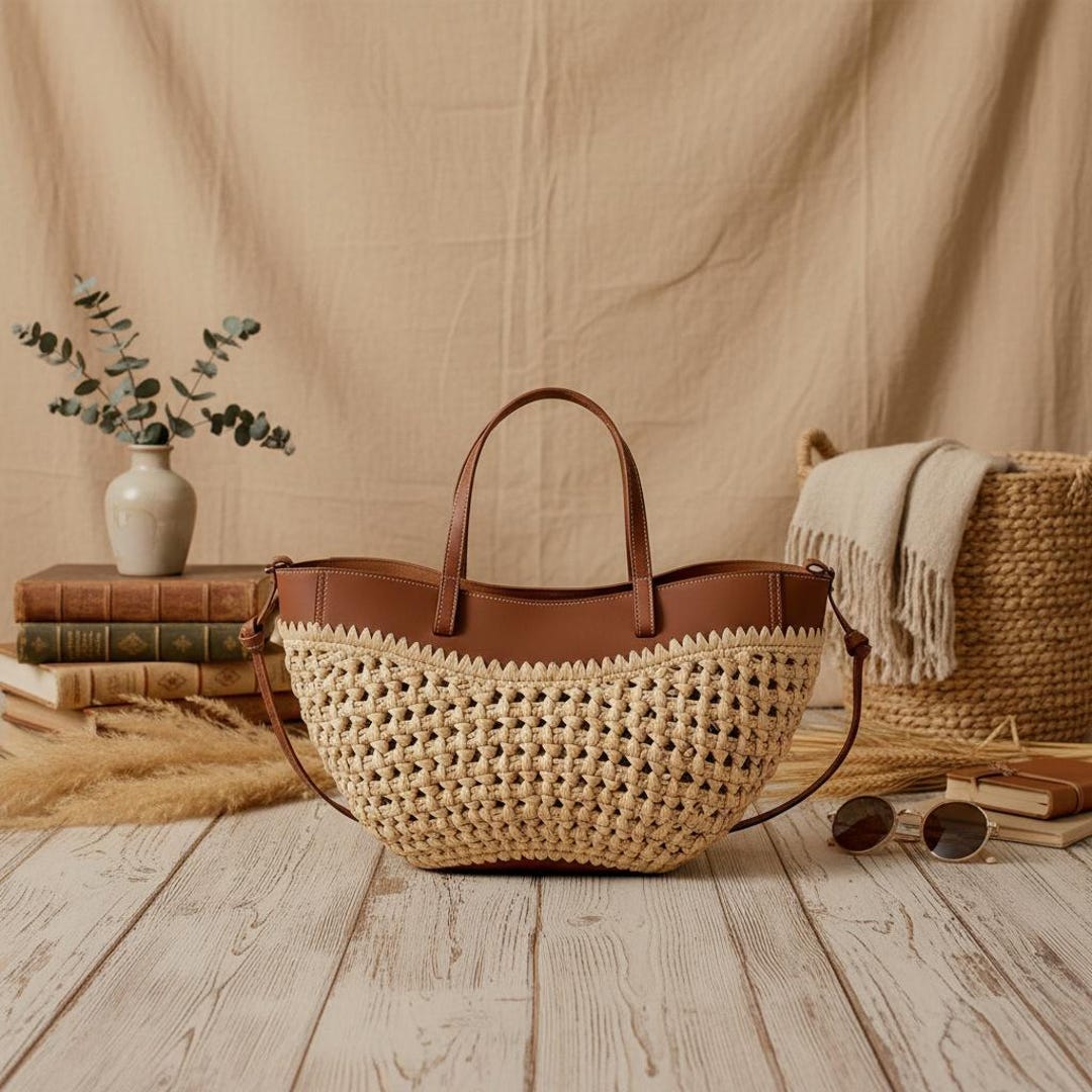 Woven Straw Tote | Leather Handle Beach Bag | Natural Summer Carryall ...