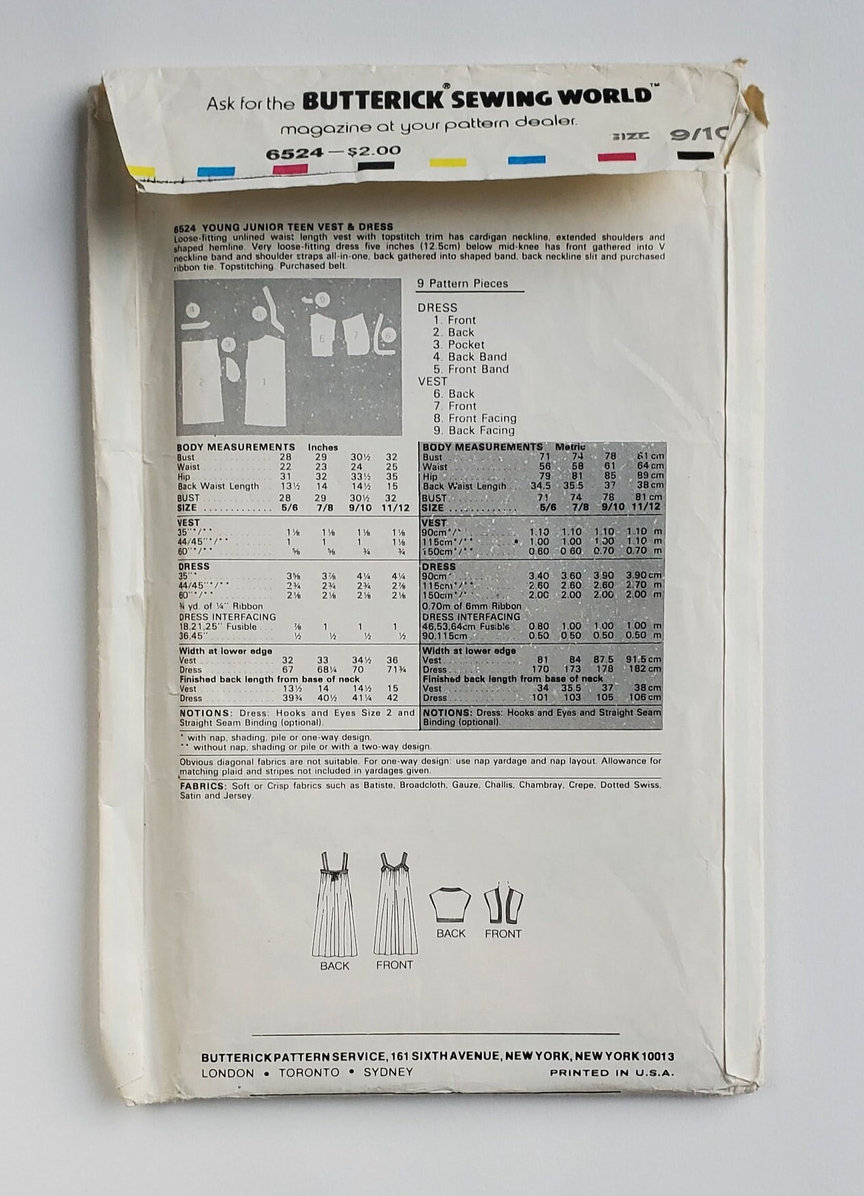 Uncut Quick Butterick Sewing Pattern 6524 Young Junior Teen Vest ...