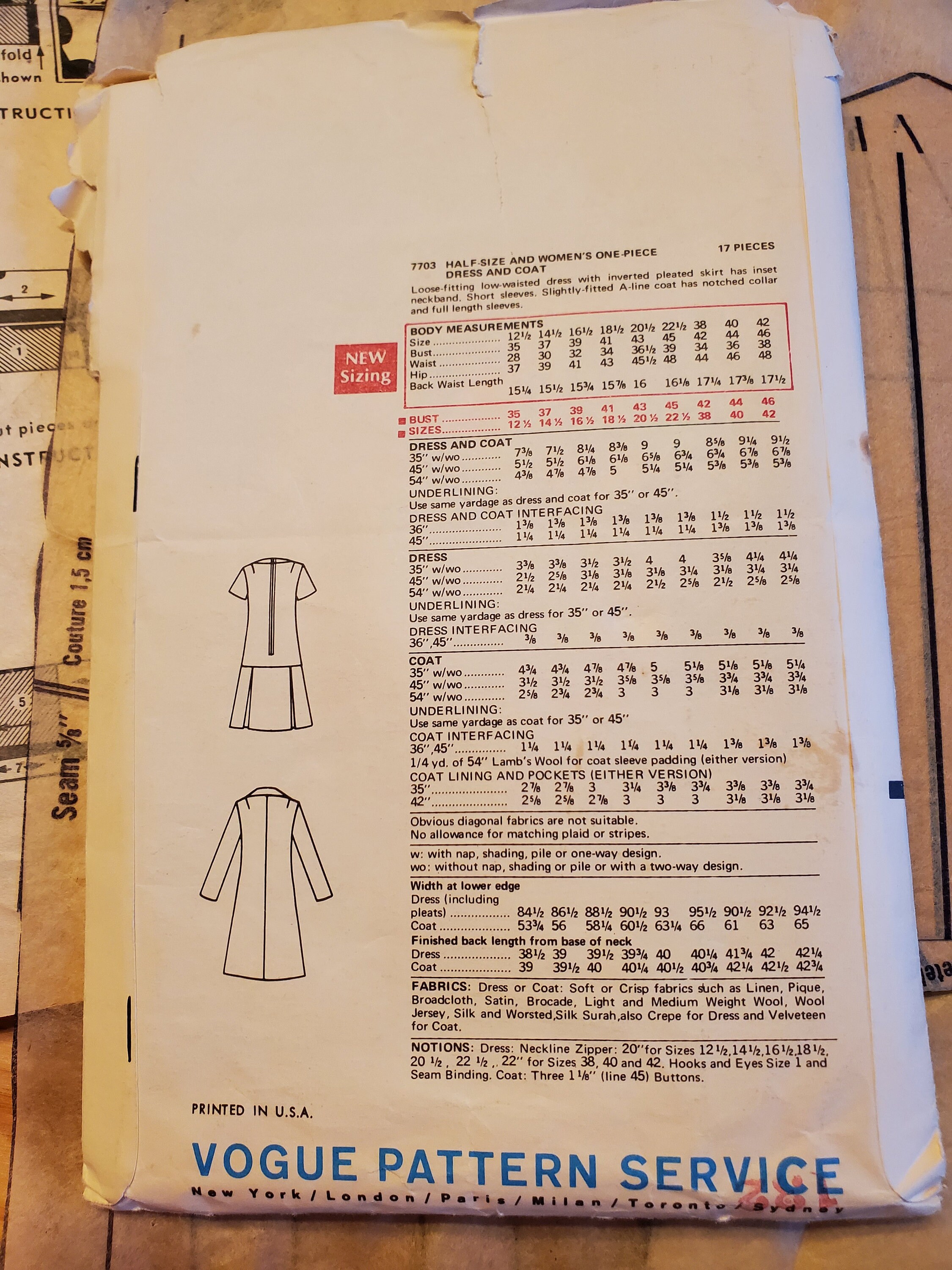 Vogue 7703 Sewing Pattern - Half Sized and Women One-piece Coat - Size ...
