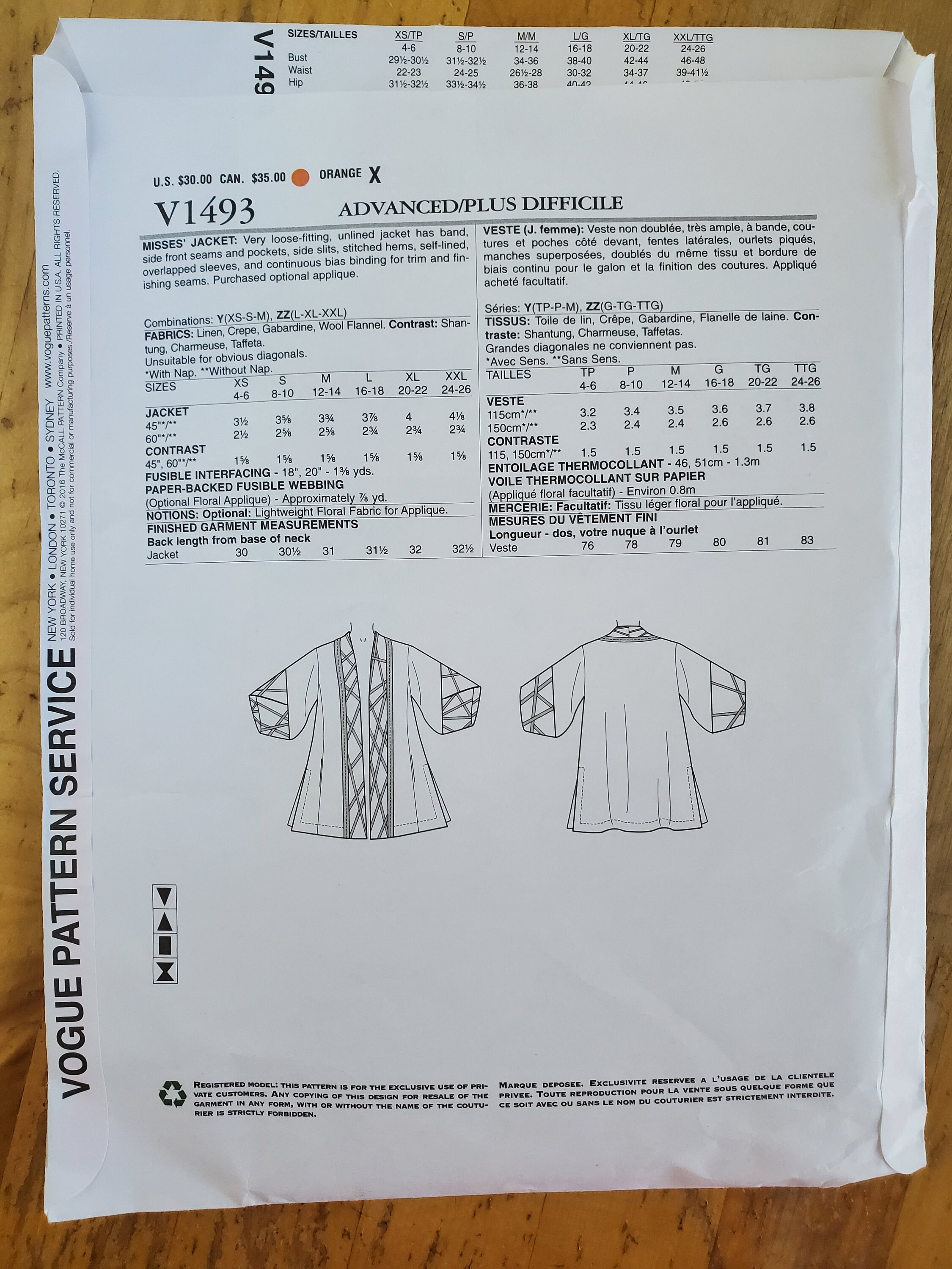 Uncut Vogue Sewing Pattern V1493 - Koos Couture - Misses Jacket - Size ...