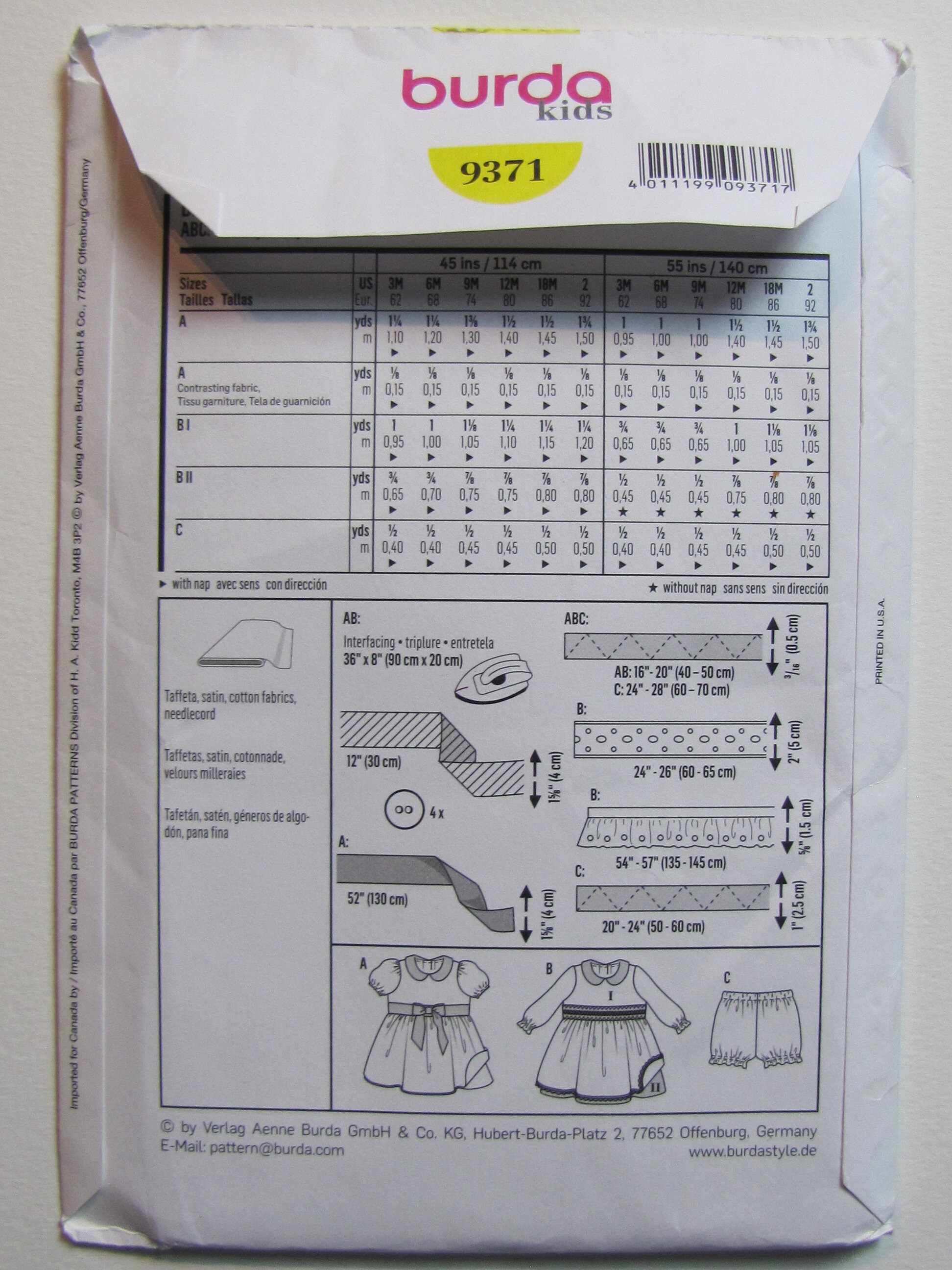 Uncut Burda Kids 9371 Sewing Pattern - Child Dress and Pants - Size US ...