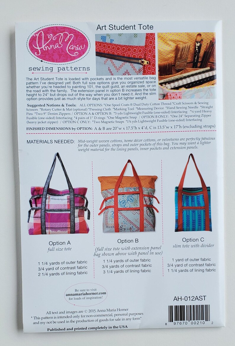 Uncut Anna Maria Sewing Pattern - Art Student Tote - Three Options - Etsy