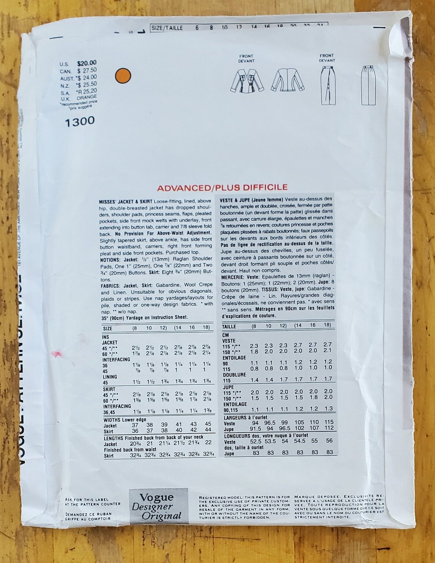 Uncut Vogue 1300 Sewing Pattern Odile Lancon Misses Jacket and Skirt ...