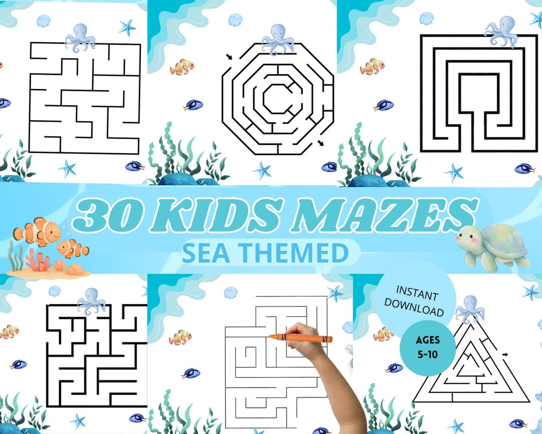 Printable Ocean Mazes for Kids, 30 Sea Animal Maze Worksheets ...