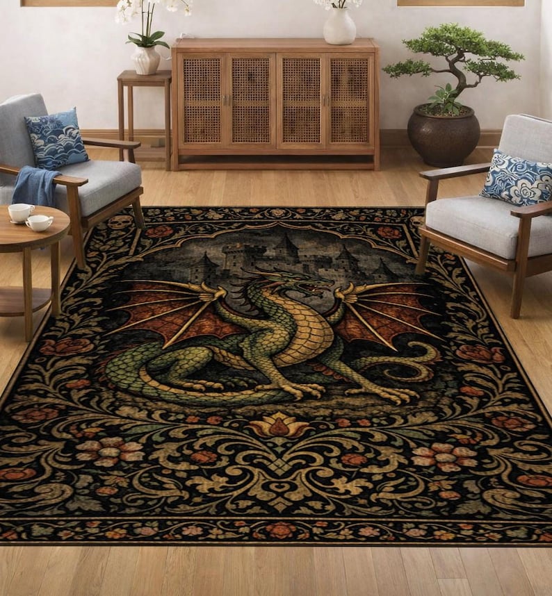 Vintage Dragon Rug Medieval Castle Fantasy Tapestry Gothic Floral Area ...