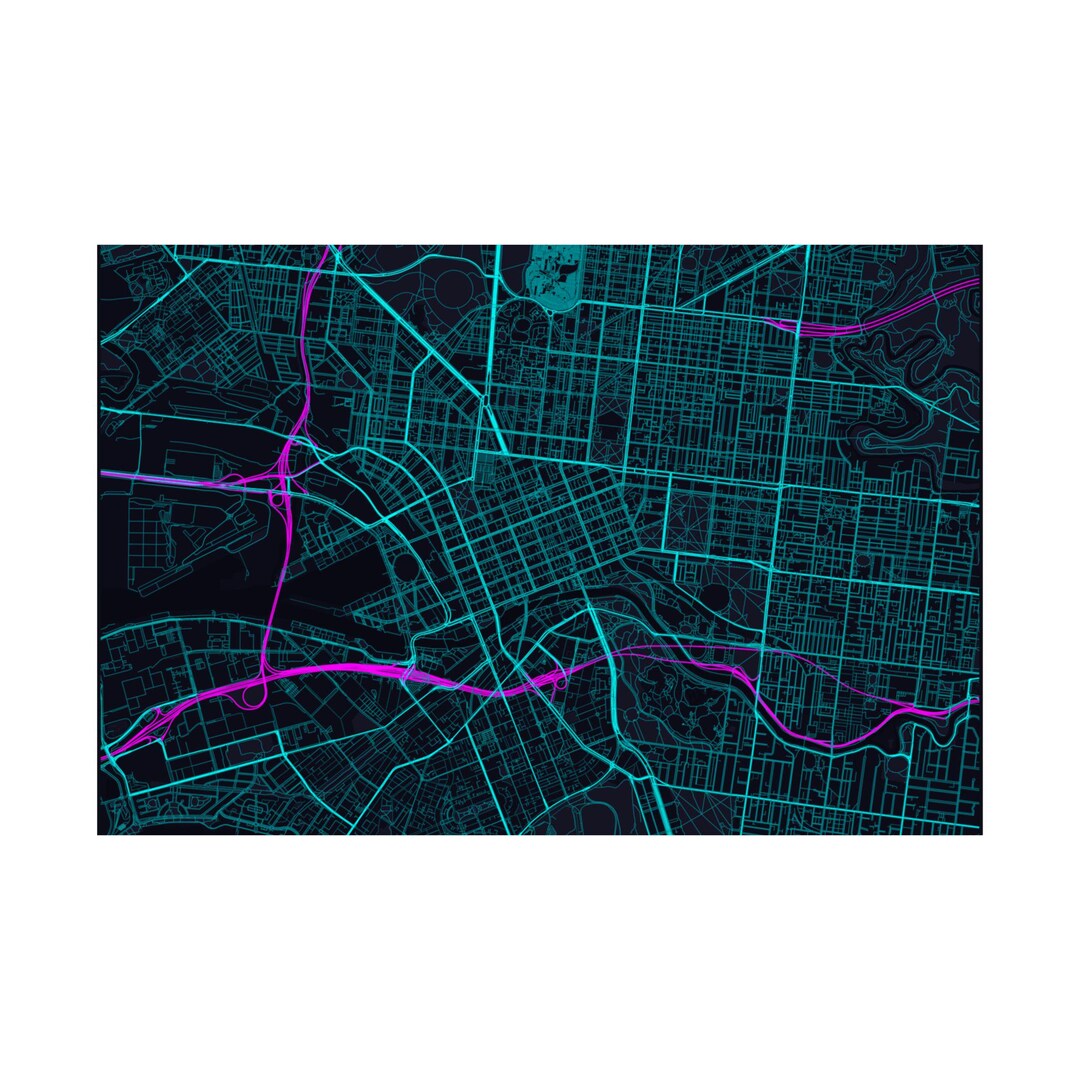 Melbourne City Map Wall Art - Neon Cyberpunk Street Map Poster ...