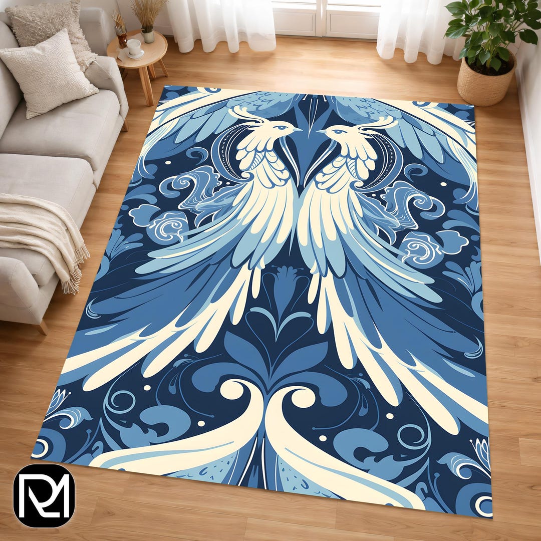 Blue Phoenix Bird Rug, Navy Cream Art Nouveau Living Room Carpet - Etsy