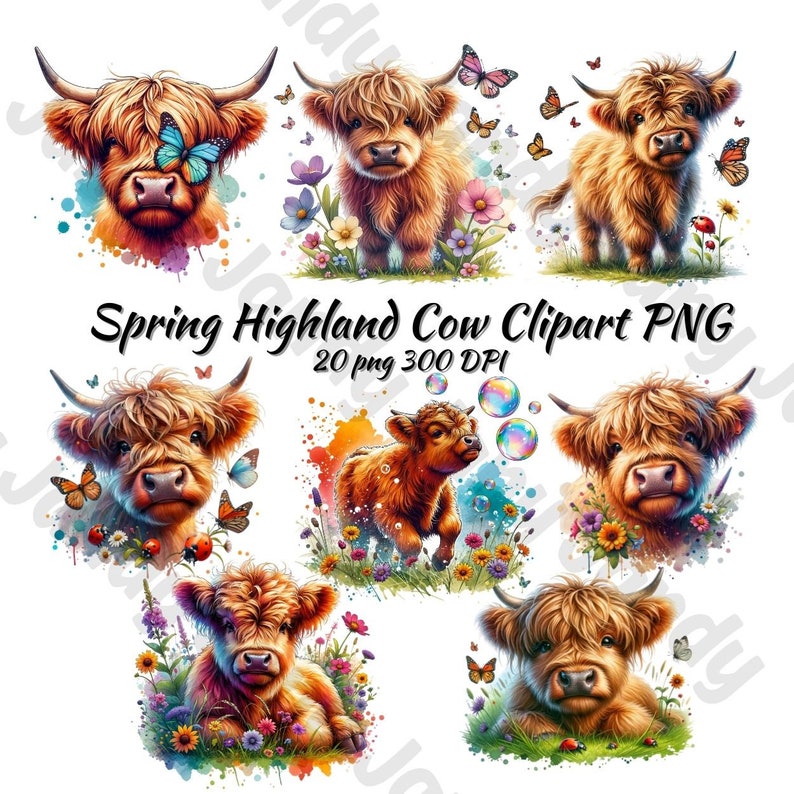 Watercolor Spring Highland Cow Clipart, 20 PNG Print Clipart, Highland ...