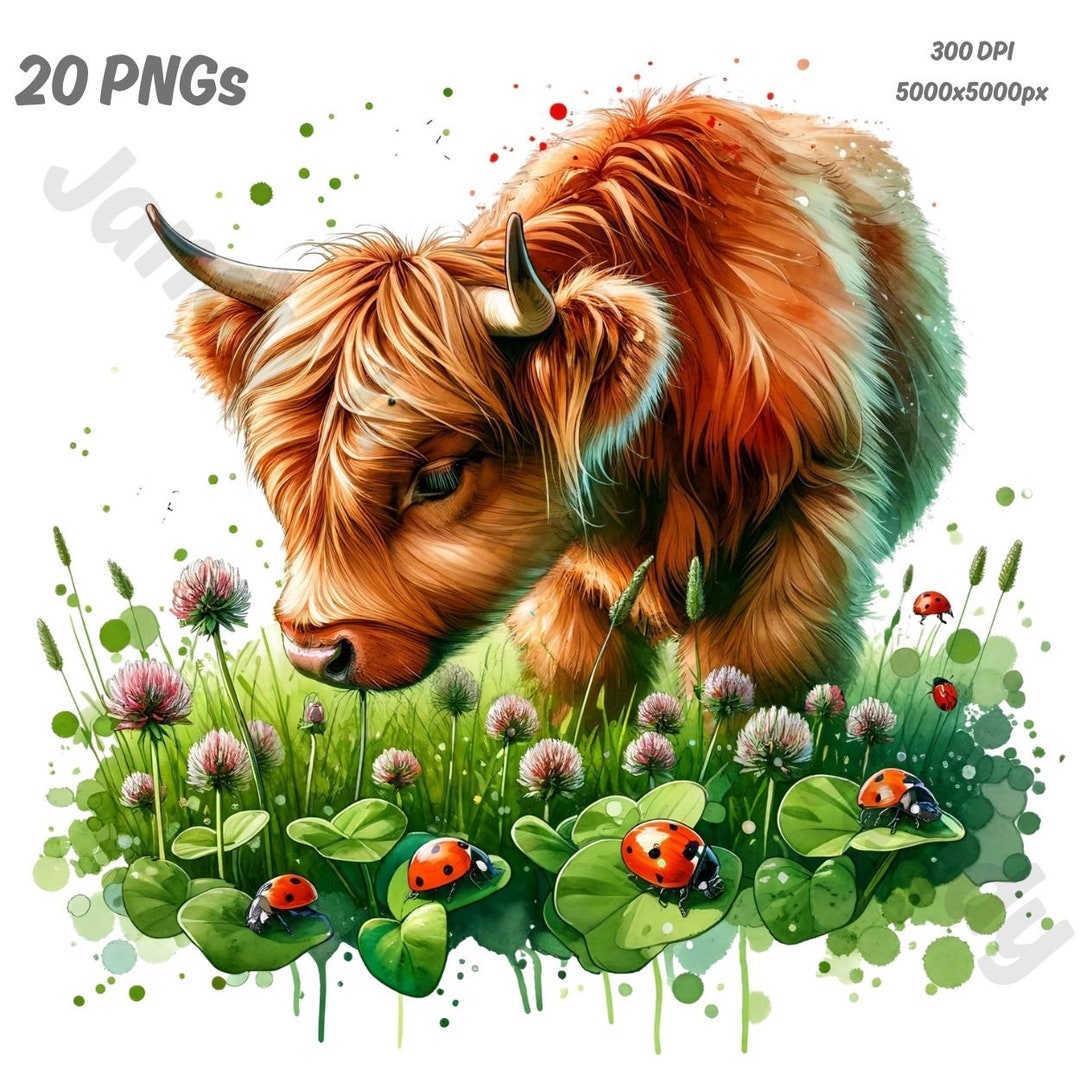 Watercolor Spring Highland Cow Clipart, 20 PNG Print Clipart, Highland ...