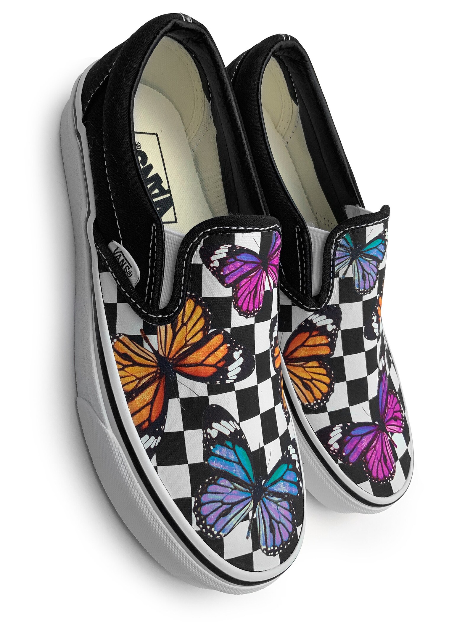 Checkerboard Colorful Monarch Butterfly Custom Vans Brand Slip-on Shoes ...