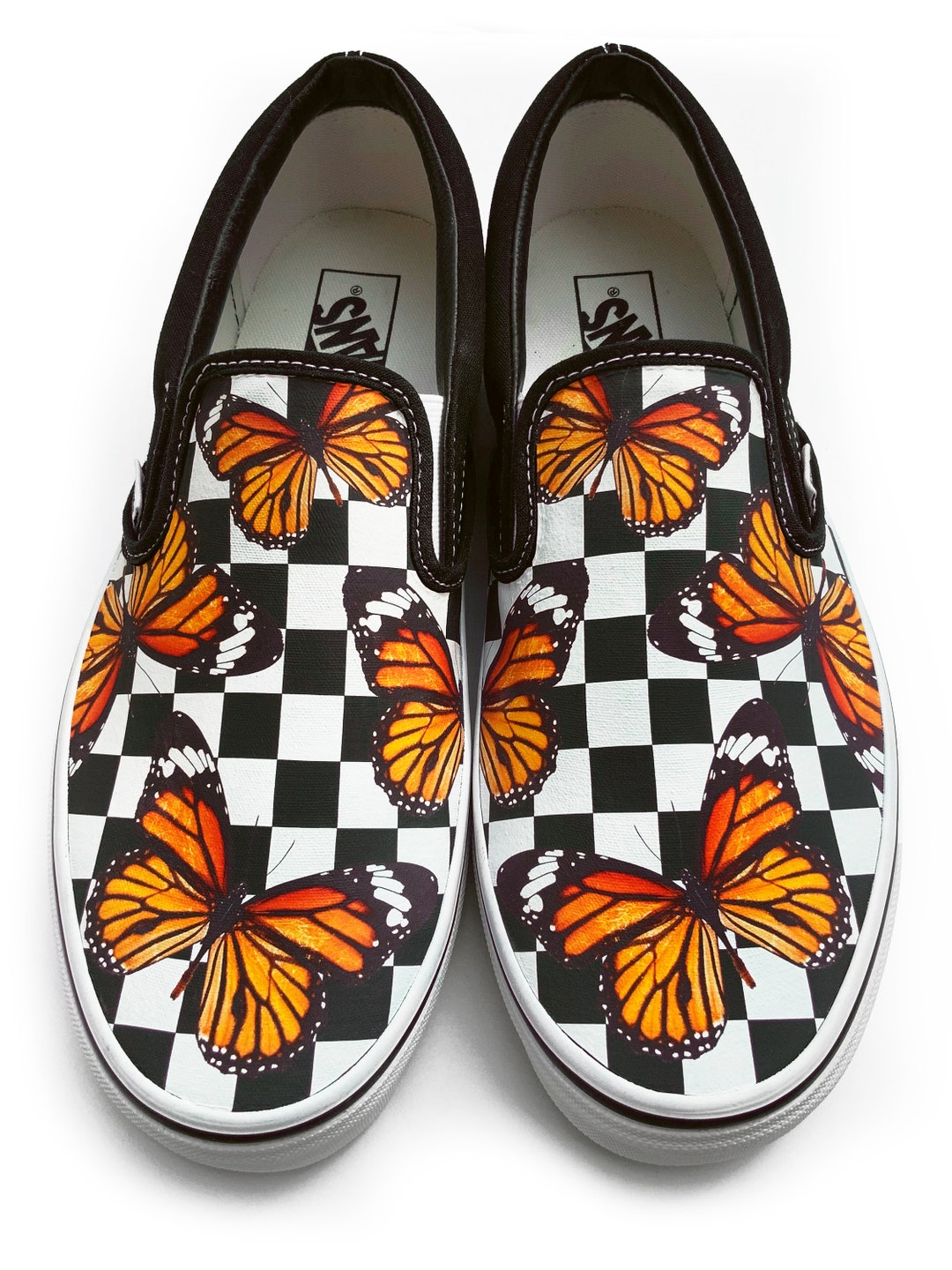 Checkerboard Monarch Butterfly Custom Vans Brand Slip-on Shoes - Etsy