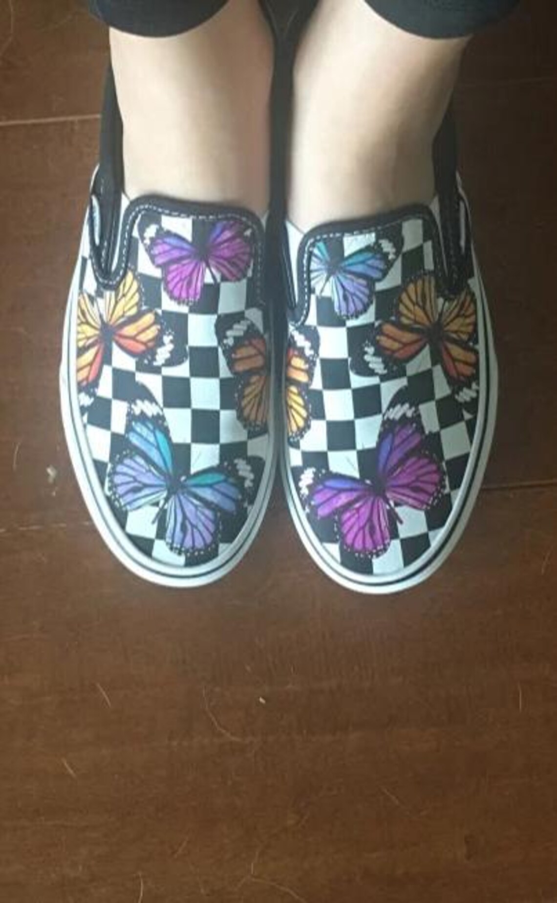 Checkerboard Colorful Monarch Butterfly Custom Vans Brand Slip-on Shoes ...