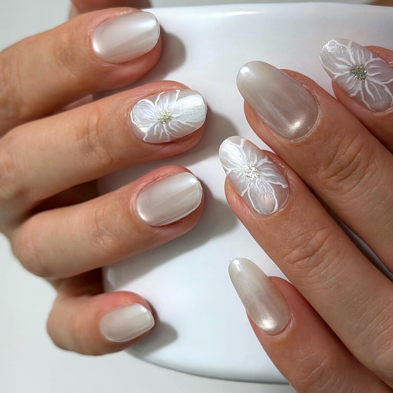 Pearl Glazed Floral Press on Nails | Ivory Bridal Nails | Flower Almond ...