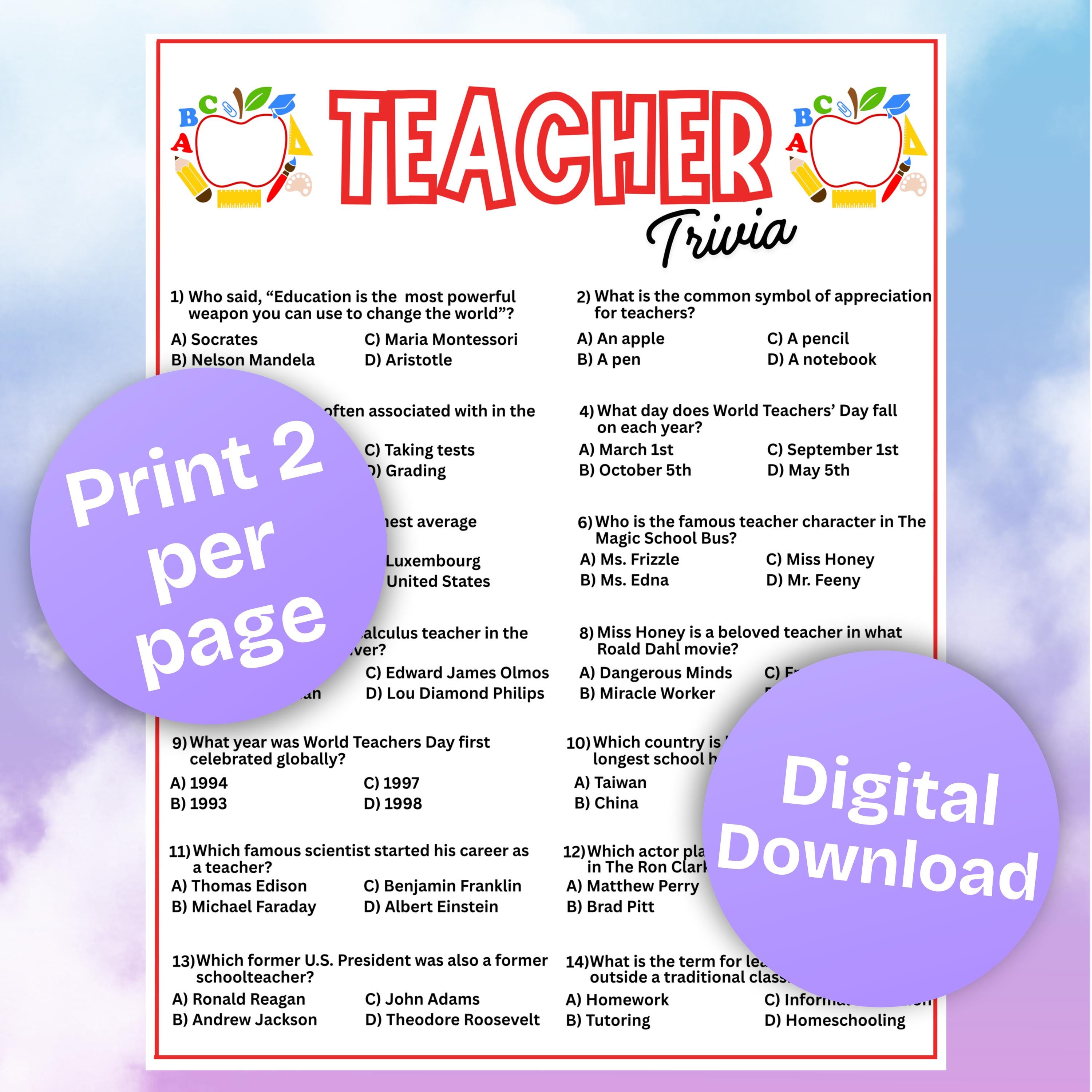 Teacher Trivia Printable Game,classroom Party,teacher Appreciation Fun ...