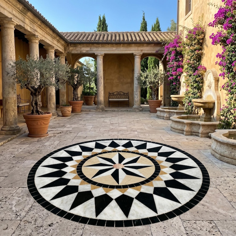 Black White Marble Compass Rose Medallion, Round Marble Inlay Floor ...