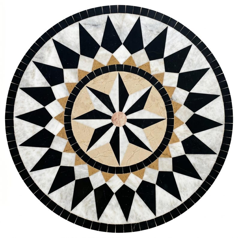 Black White Marble Compass Rose Medallion, Round Marble Inlay Floor ...