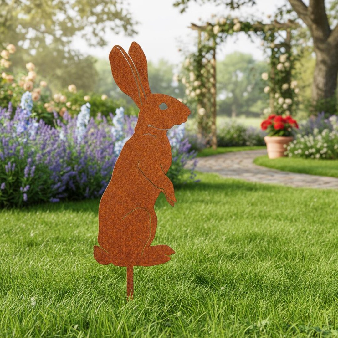 Standing Rabbit Stake | Rusty Metal Garden Art | Woodland Yard Decor - Etsy