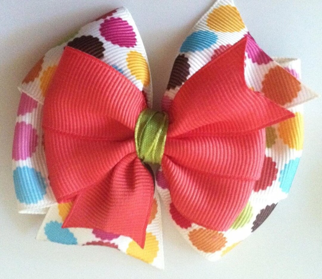 Multicolor Polka Dot & Coral Pink Stacked Boutique Style Ribbon Bow ...