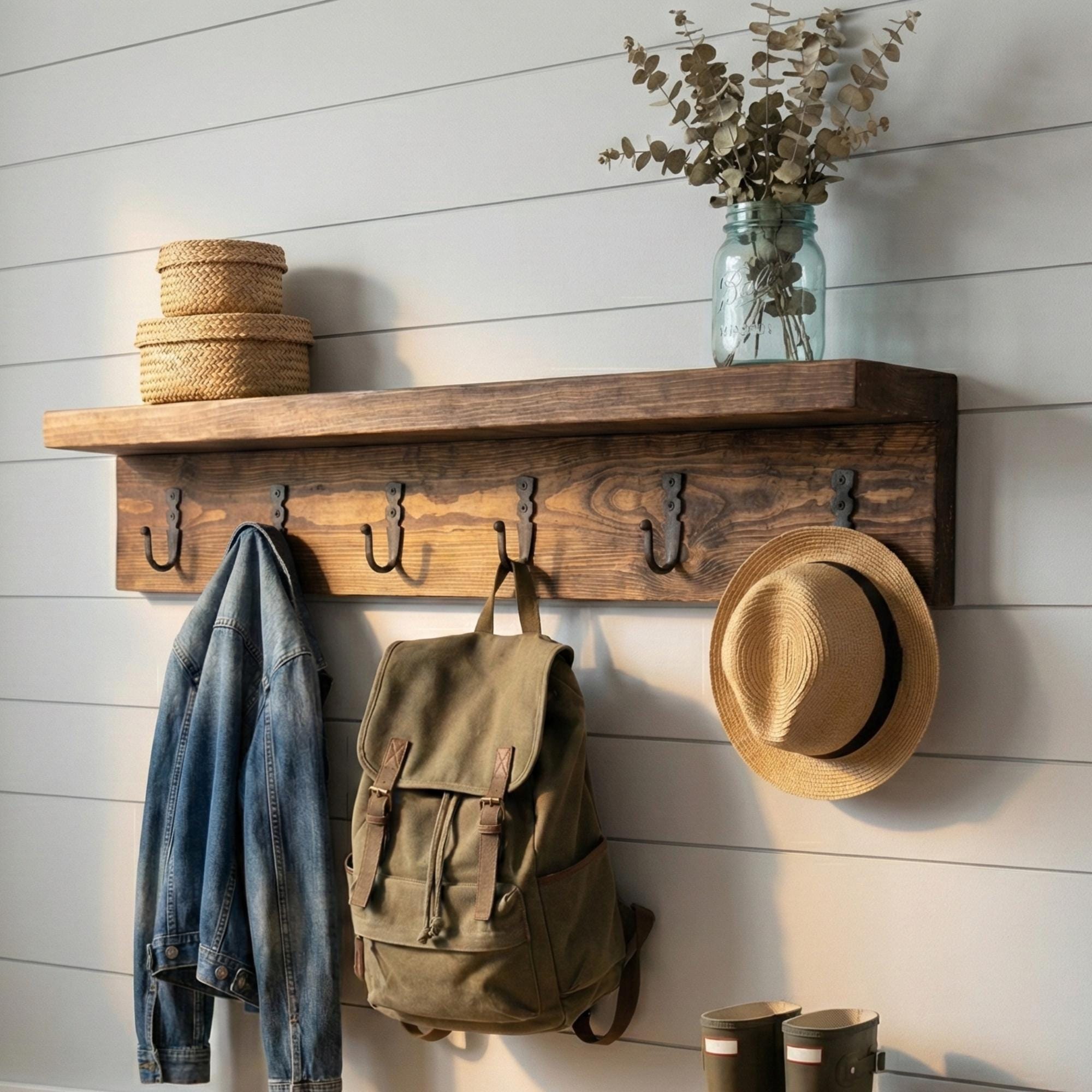 Rustic Reclaimed Wood Coat Rack With Shelf, Hand Forged Iron Hooks ...