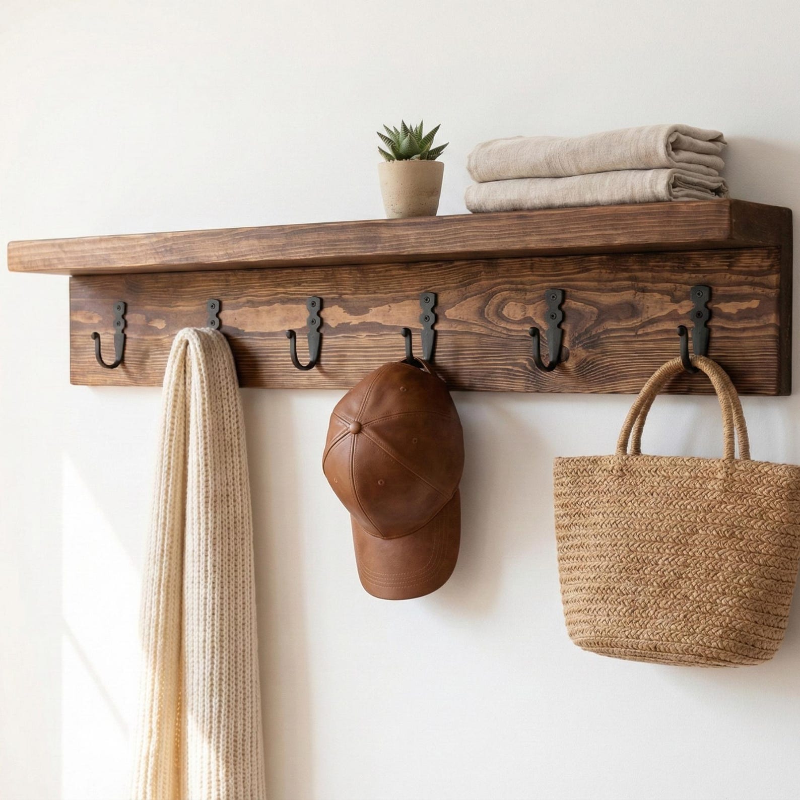 Rustic Reclaimed Wood Coat Rack With Shelf, Hand Forged Iron Hooks ...