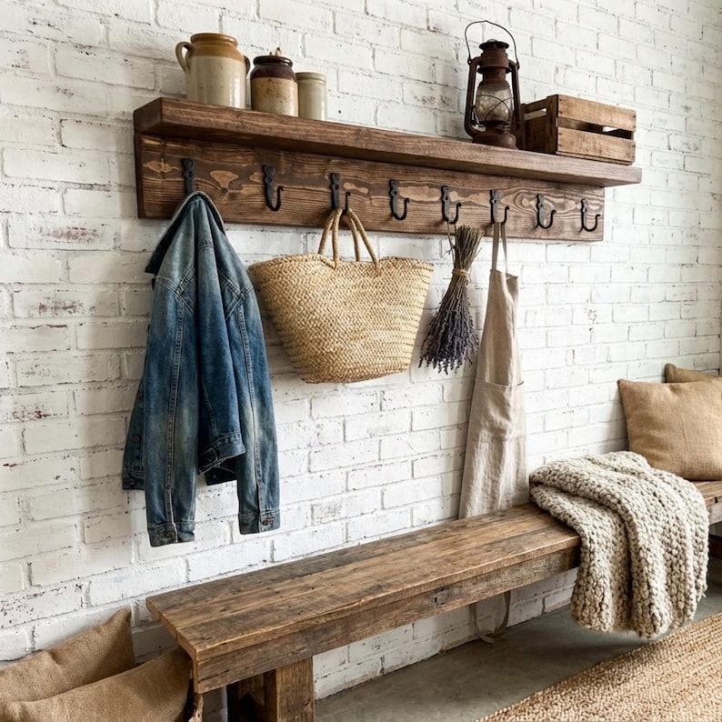 Rustic Reclaimed Wood Coat Rack With Shelf, Hand Forged Iron Hooks ...