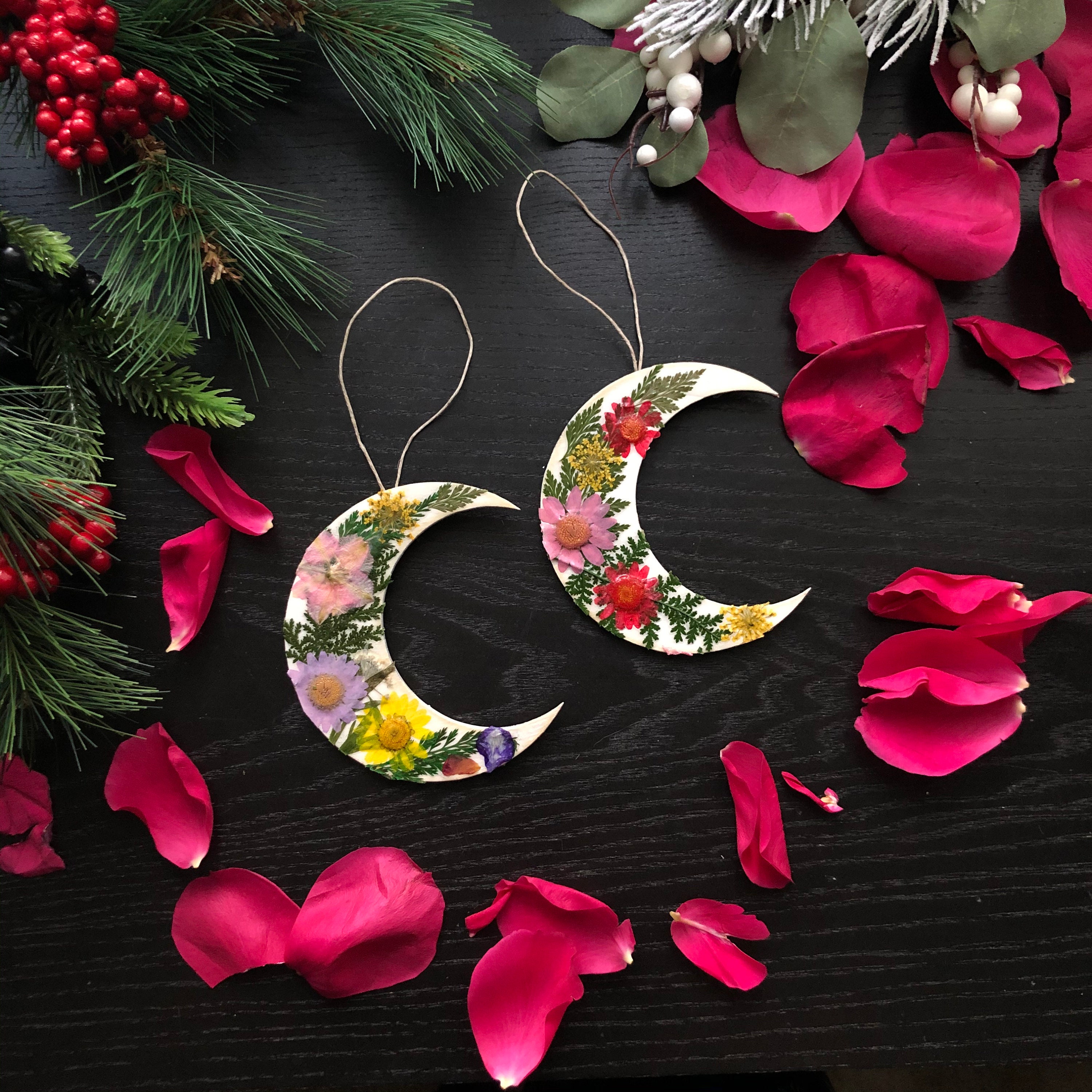 Flower Power Crescent Moon Ornament~ Super sparkly metallic~ Vintage ...