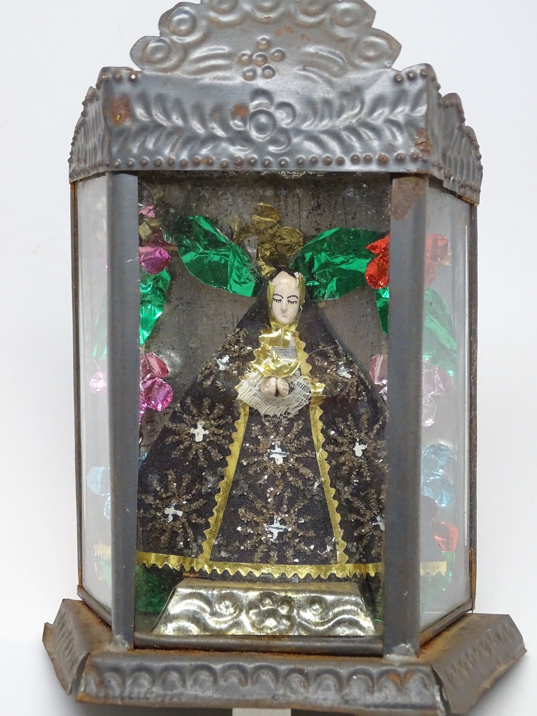 Antique Mexican Tin Nicho Shrine Virgen De Soledad, Vintage Virgin of ...