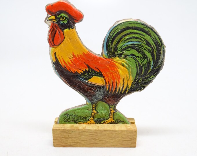 Antique German Rooster in Wood Stand, Pressed Embossed Cardboard Stand ...