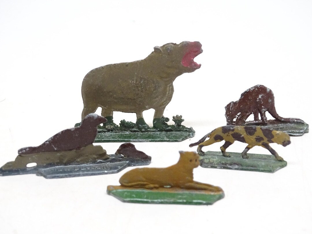 5 Antique 1940's German Flat Lead Toy Wild Animals Zimmfiguren, Vintage ...