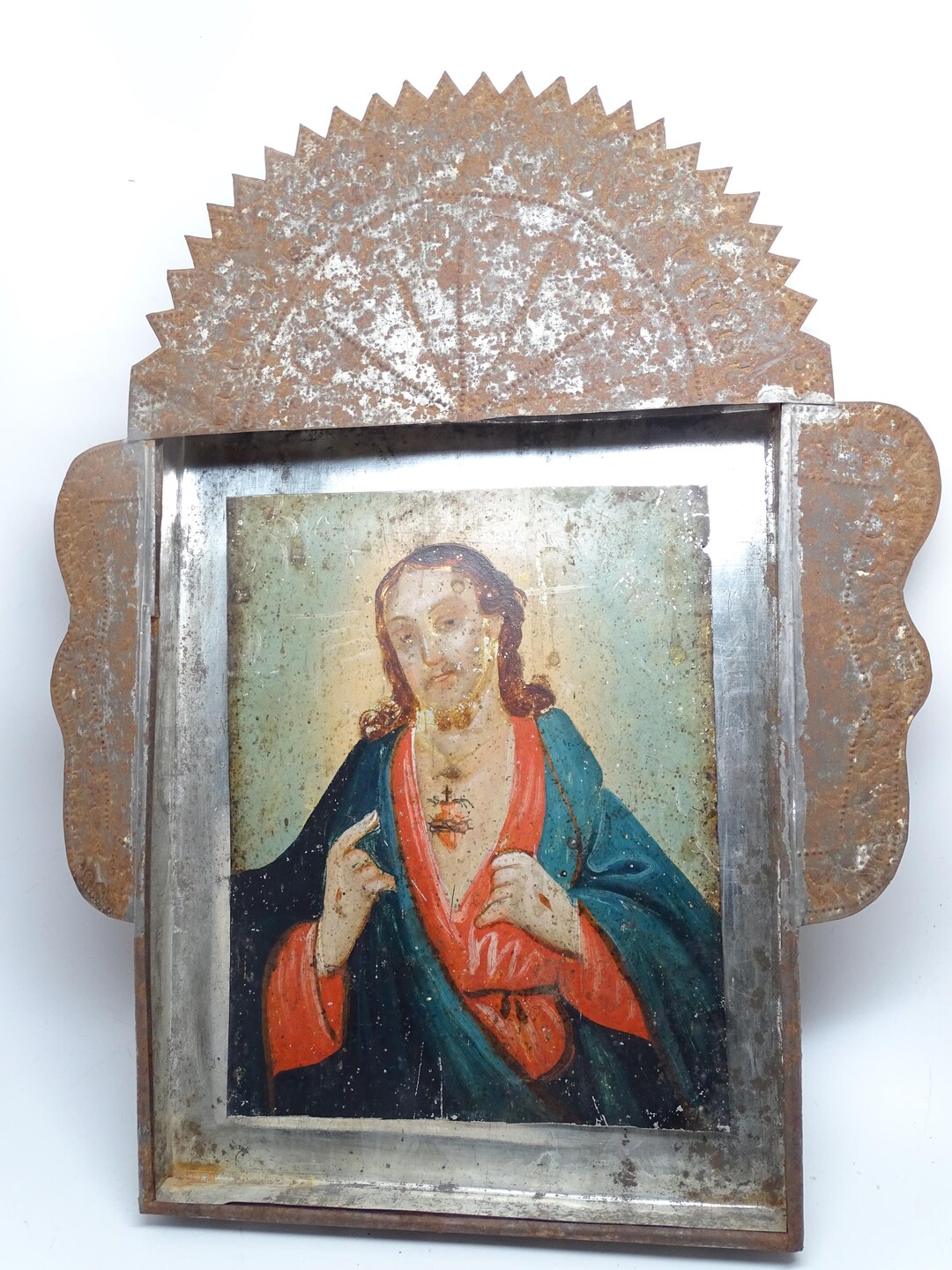 Antique 1800's Retablo in Nicho, Sacred Heart of Jesus Original Oil ...