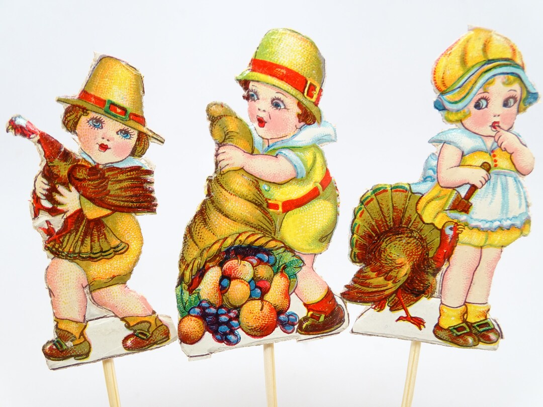 3 Vintage German Thanksgiving Party Picks, Retro Pilgrim Kids Embossed ...