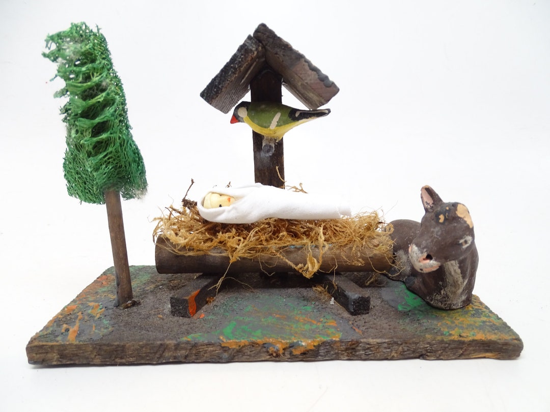 Antique German Baby Jesus in Manger, Donkey, Bird, Loofa Sponge Tree ...
