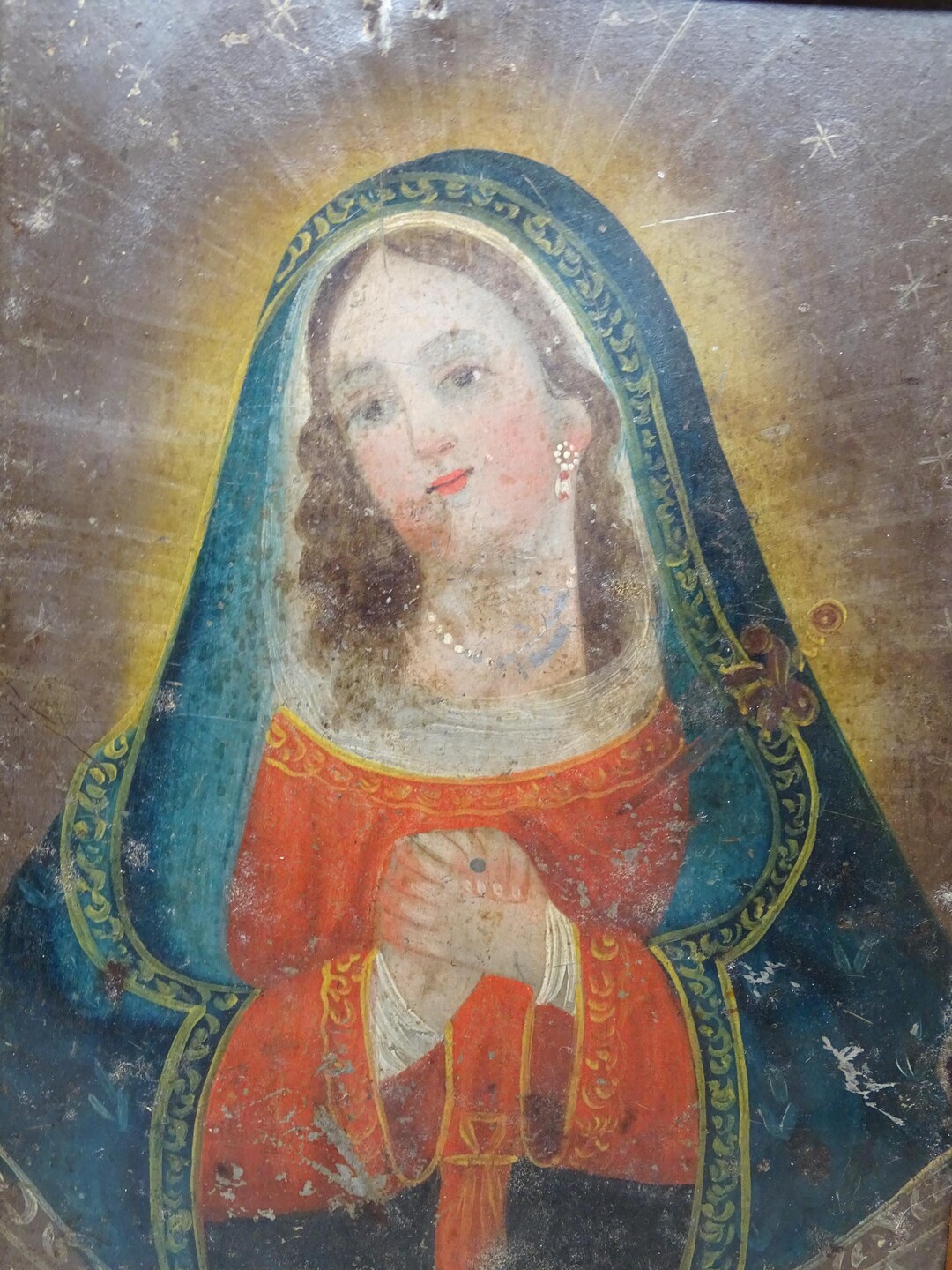 Antique Small 1800's Mexican Retablo Painting, Madre Doloroso, Framed ...