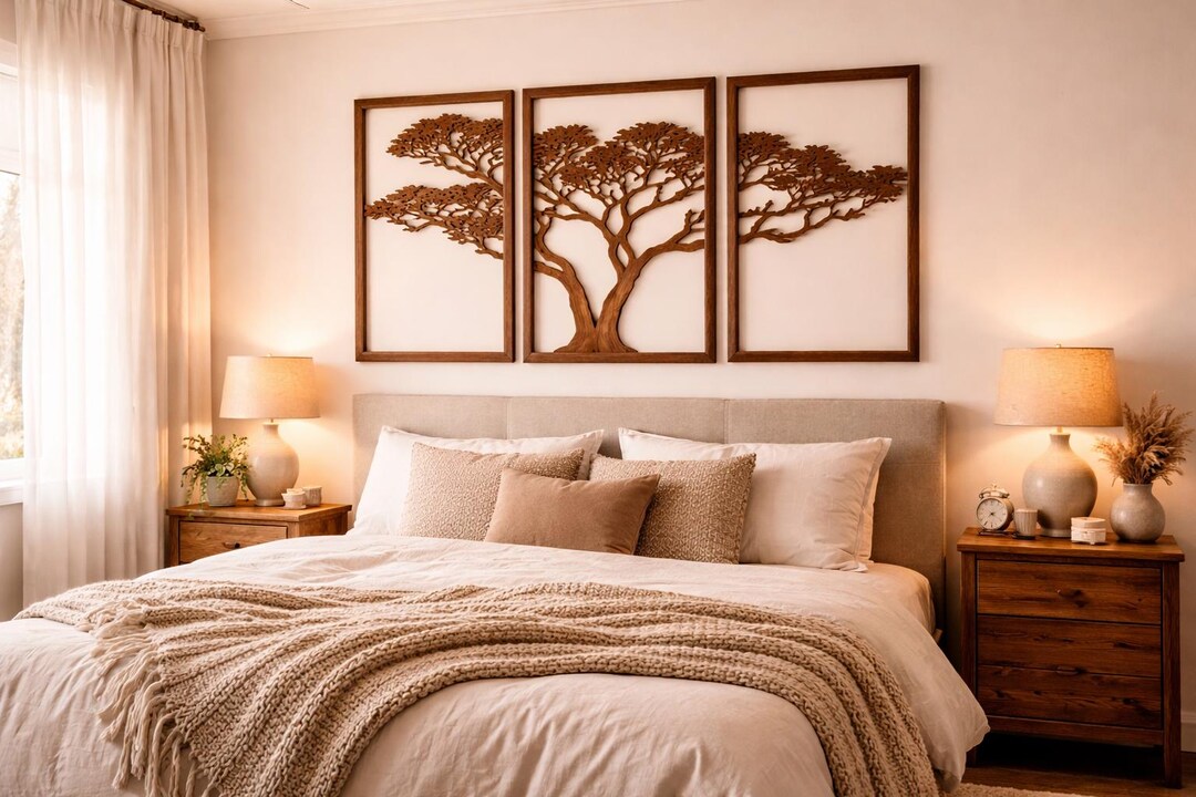 3 Panel Tree Wall Art, Wooden Triptych Tree Decor, Large Rustic Wood ...