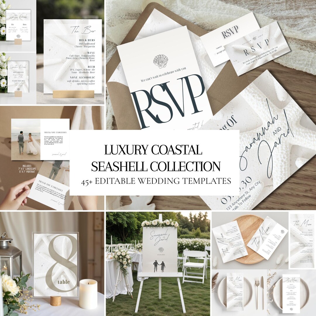 Editable Coastal Wedding Bundle Printable Seashell Wedding Invitation ...