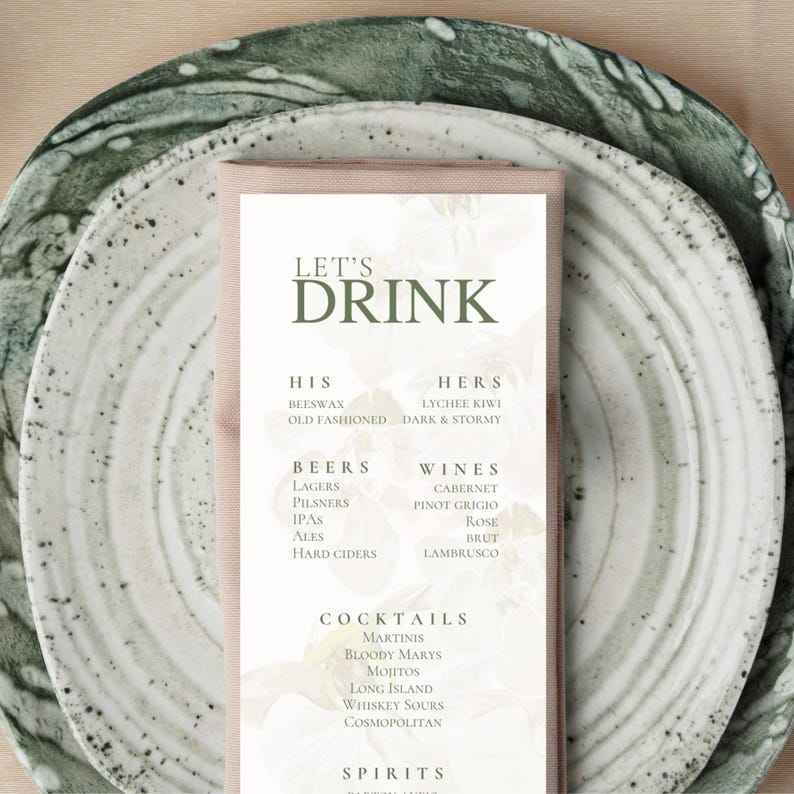 Sage Green Bar Wedding Menu Templates Printable Wedding Bar Signage ...