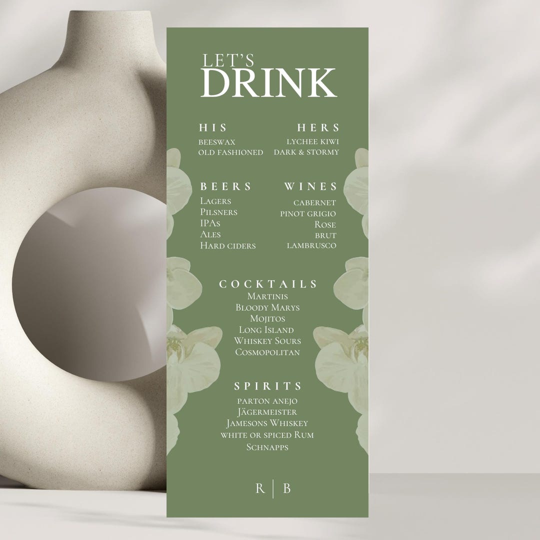Sage Green Bar Wedding Menu Templates Printable Wedding Bar Signage ...