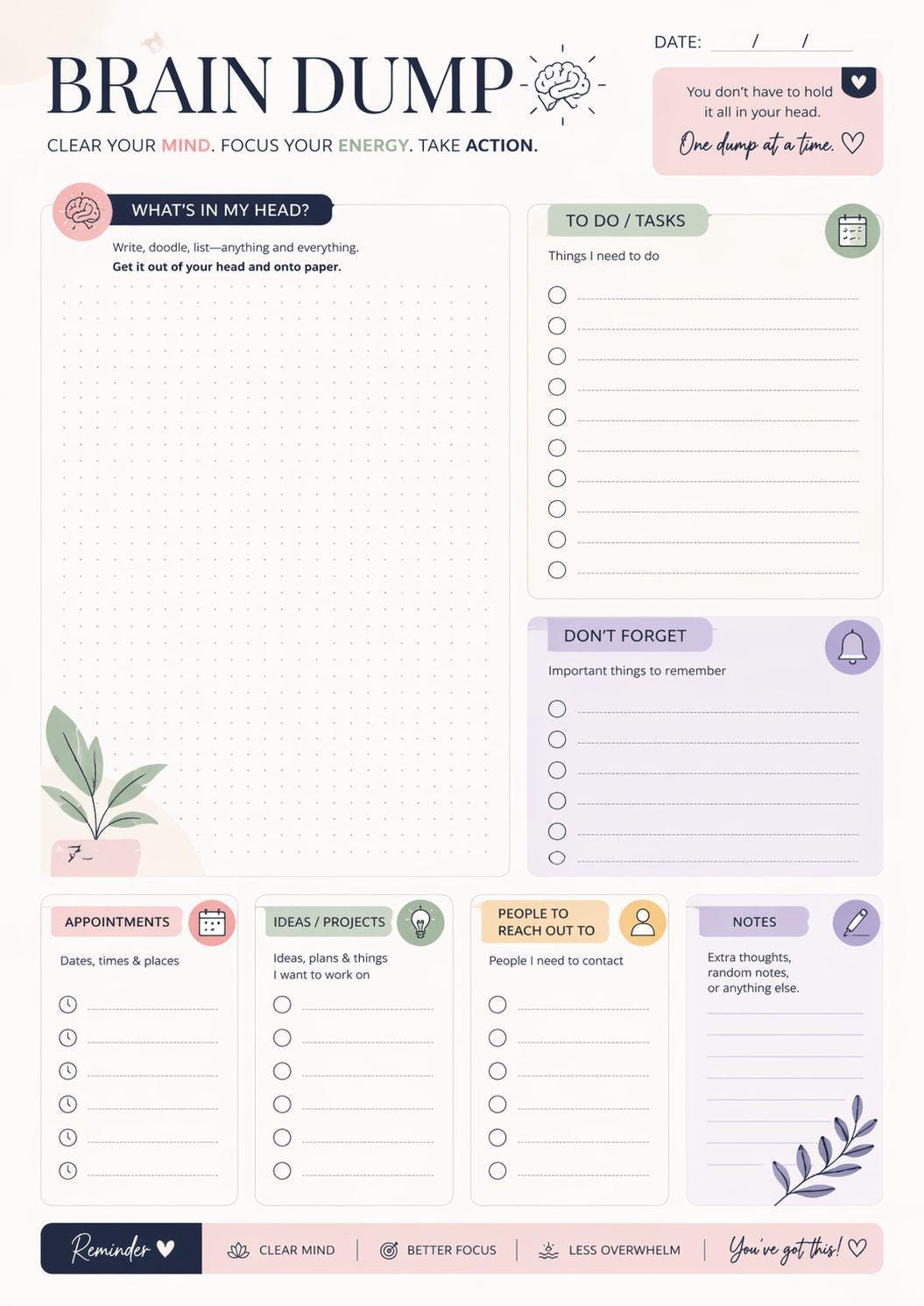 Brain Dump Planner Printable | Mind Declutter Productivity Worksheet ...