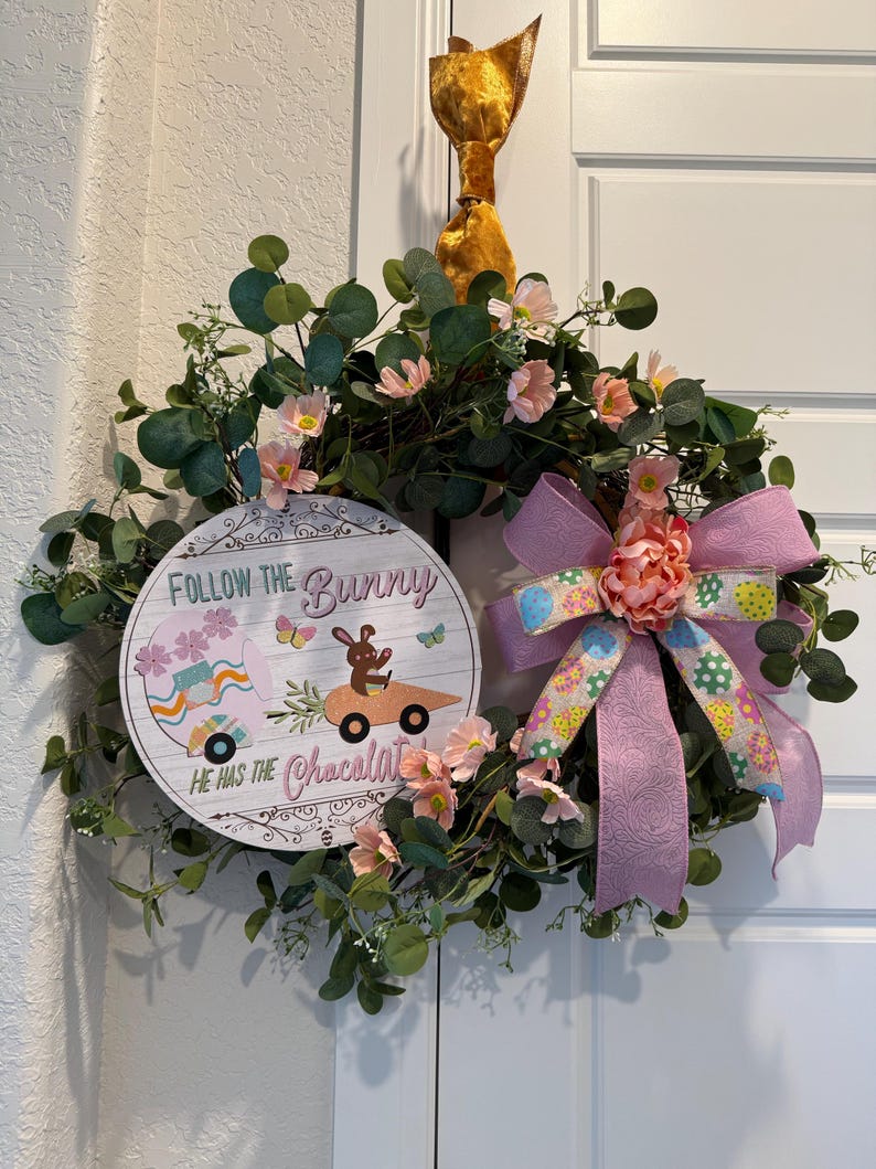 Spring Easter Bunny Wreath Front Door Decor Pink Floral Farmhouse ...