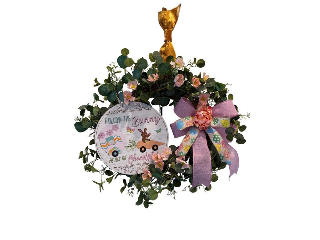 Spring Easter Bunny Wreath Front Door Decor Pink Floral Farmhouse ...