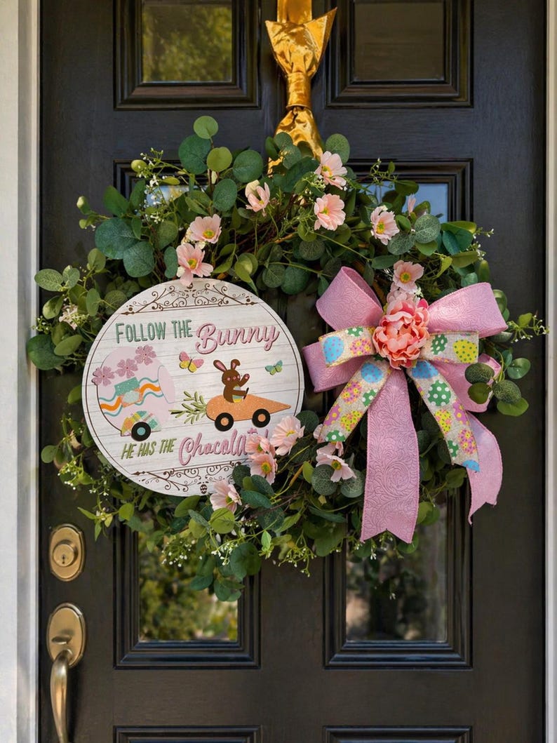 Spring Easter Bunny Wreath Front Door Decor Pink Floral Farmhouse ...