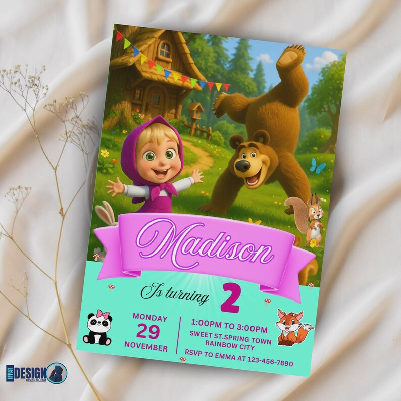 Woodland Bear Birthday Invitation, Editable Forest Kids Party Template ...