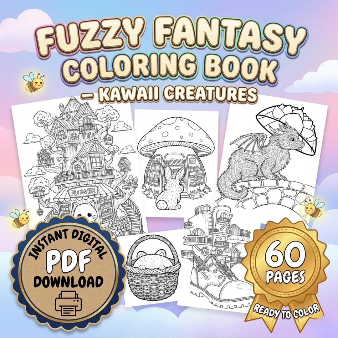 60 Fuzzy Fantasy Coloring Pages | Kawaii Creatures Coloring Book | Cute ...