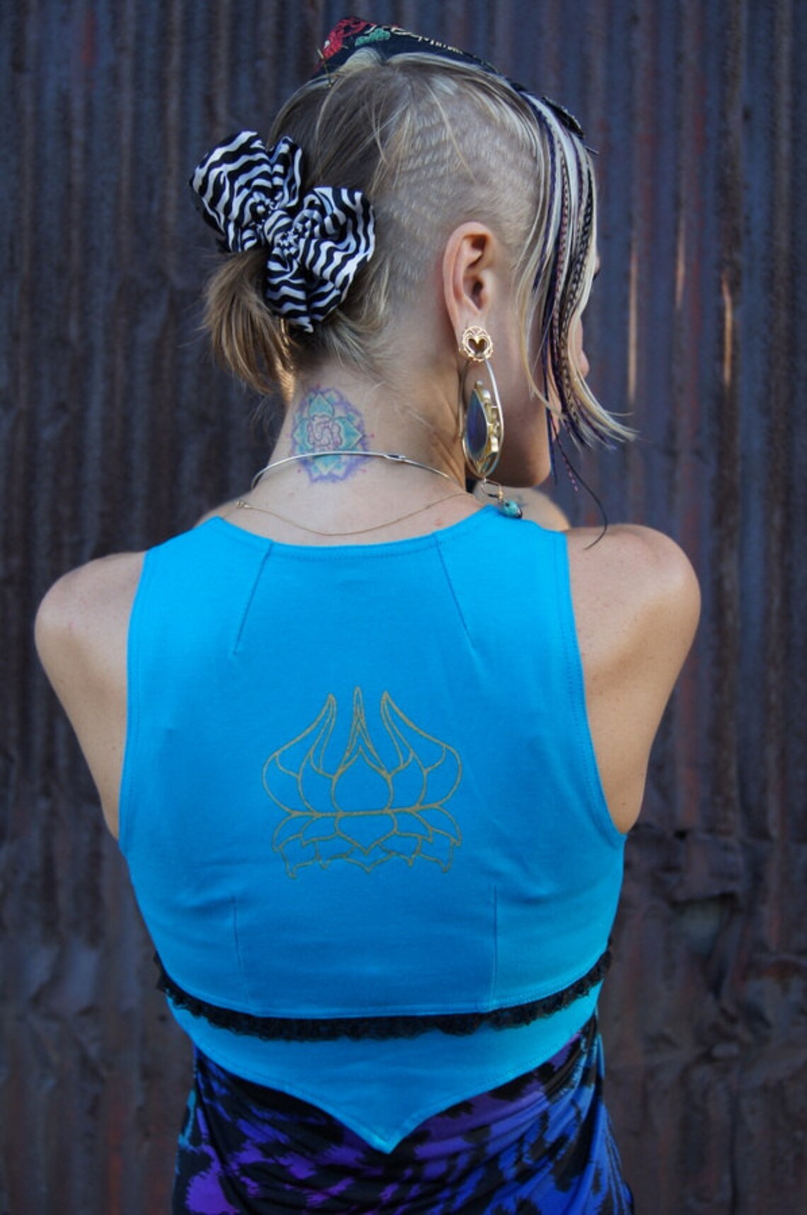 Electric Blue Lotus Vest With Gold Lotus Flower Screenprint Festival ...