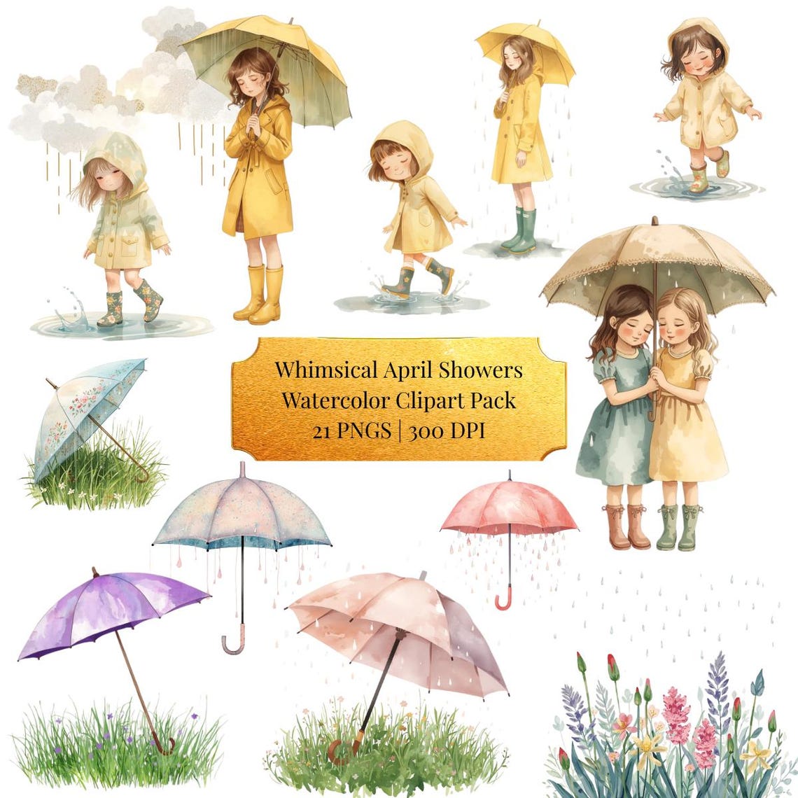 Whimsical April Showers Watercolor Clipart Pack | April Scrapbooking ...