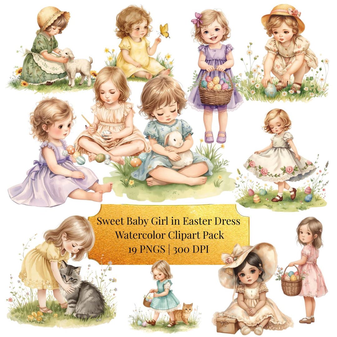 Sweet Baby Girl Easter Clipart | Watercolor Illustrations (digital ...